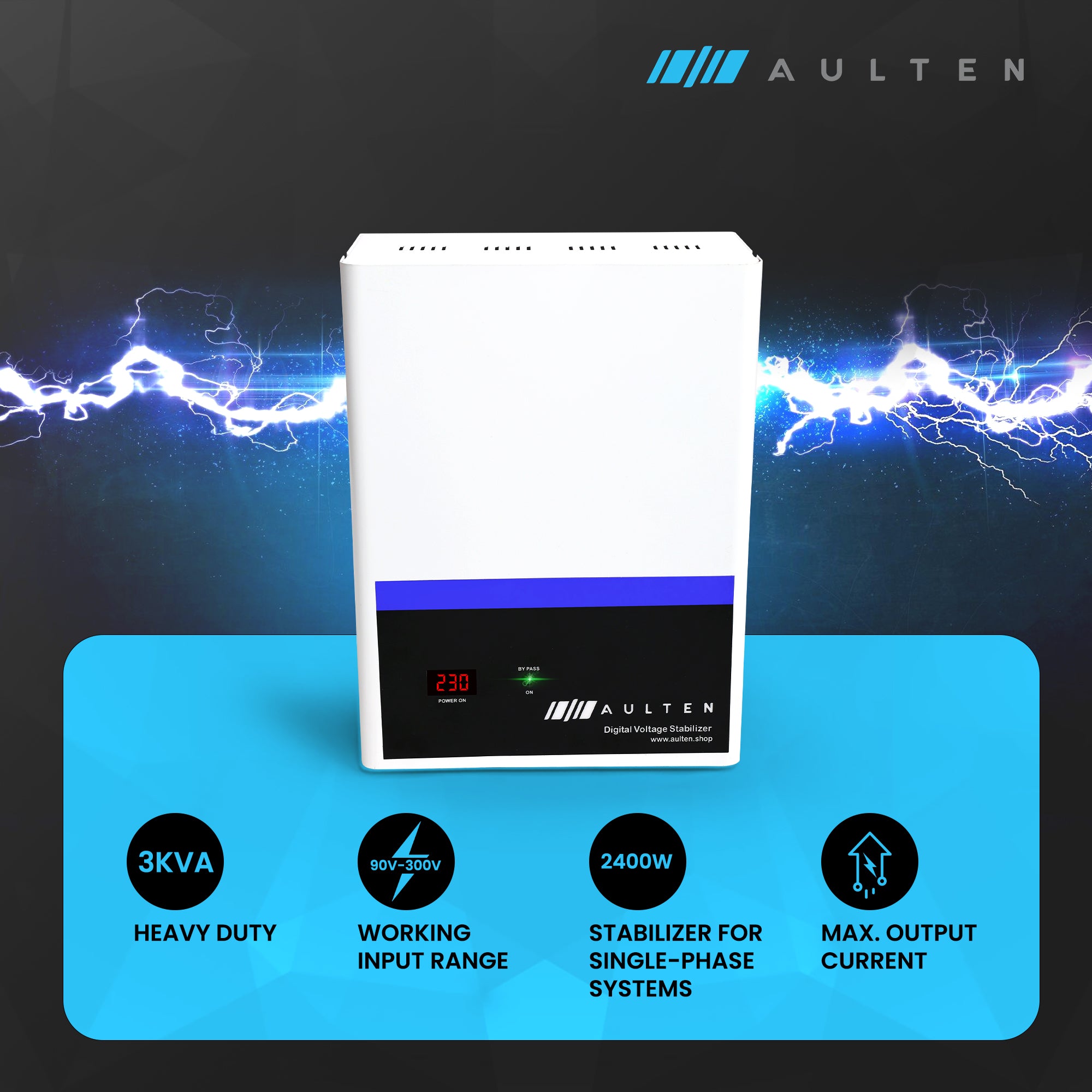 AULTEN Mainline Voltage Stabilizer for Home 3 KVA Heavy Duty 2400W 90V ...